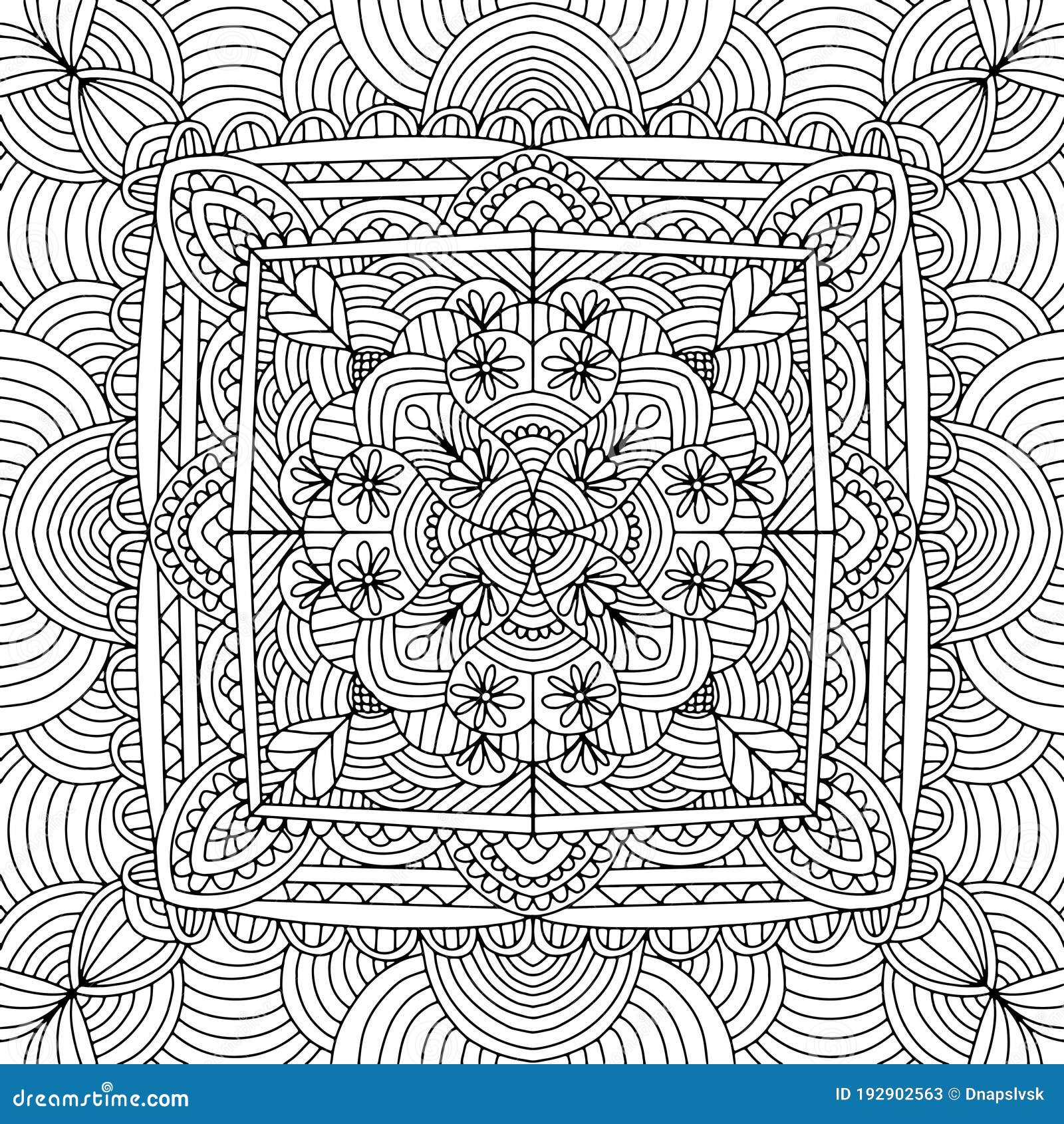 Square Mandala with Linear Ornaments and Abstract Flowers Drawn on a ...