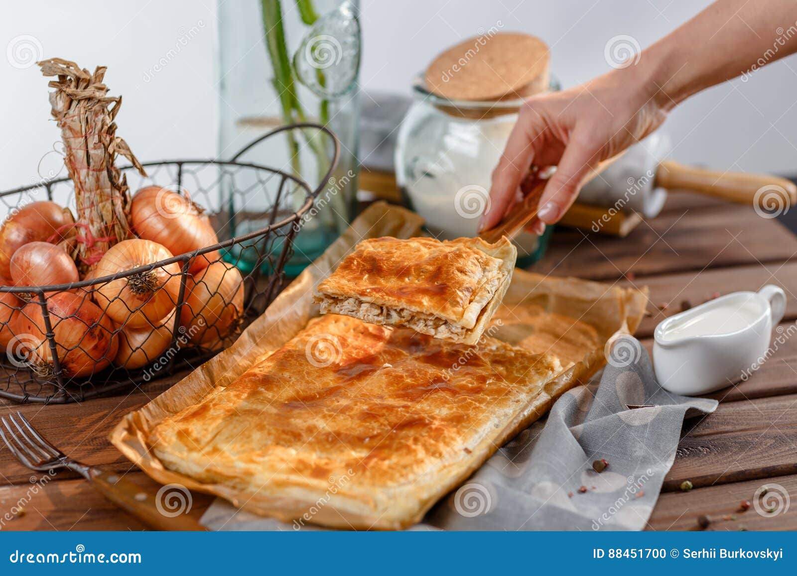 A square meat pie stock photo. Image of onion, golden - 88451700