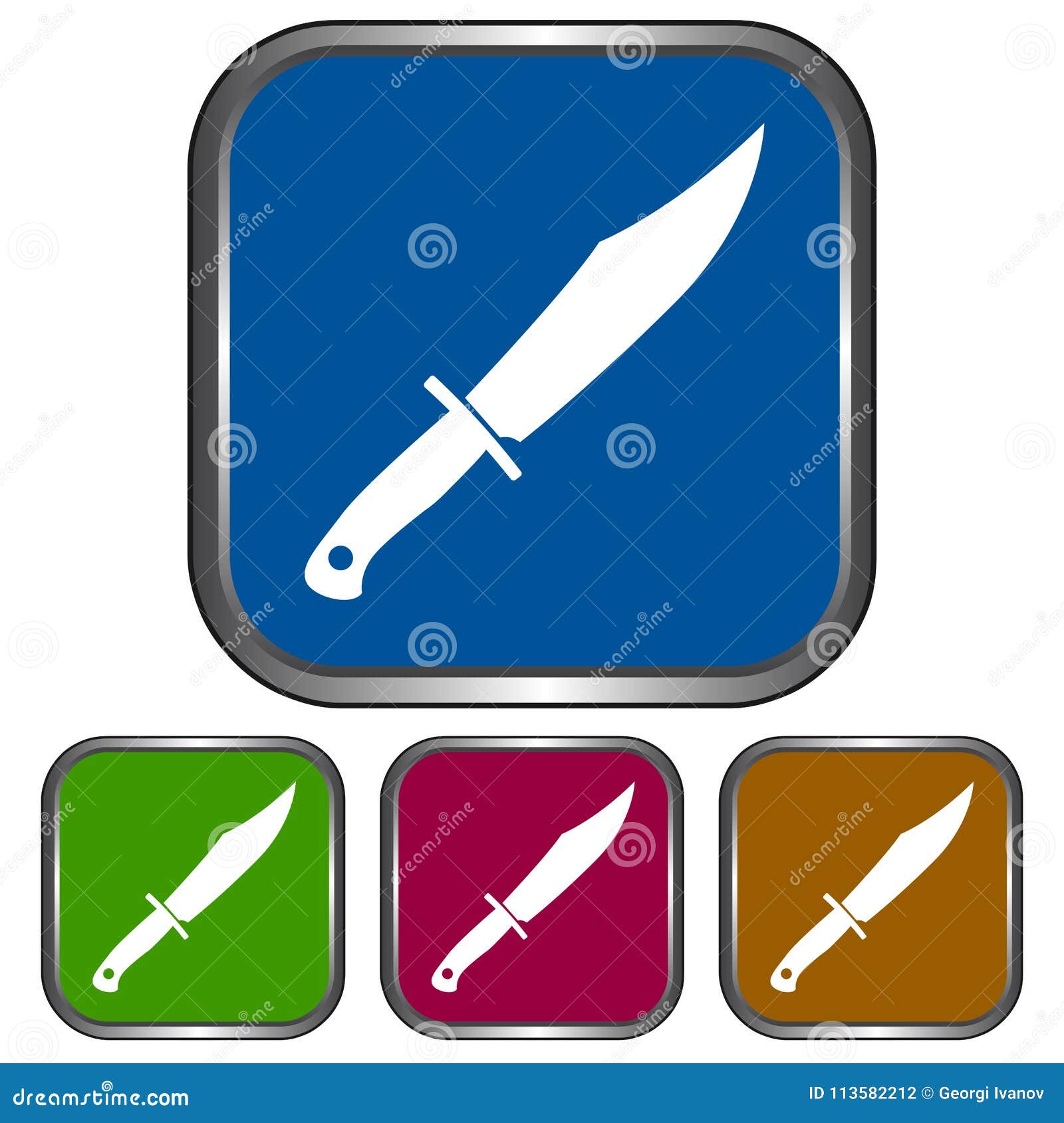Square, Metallic Dagger/knife White Silhouette Icon. Four Color ...