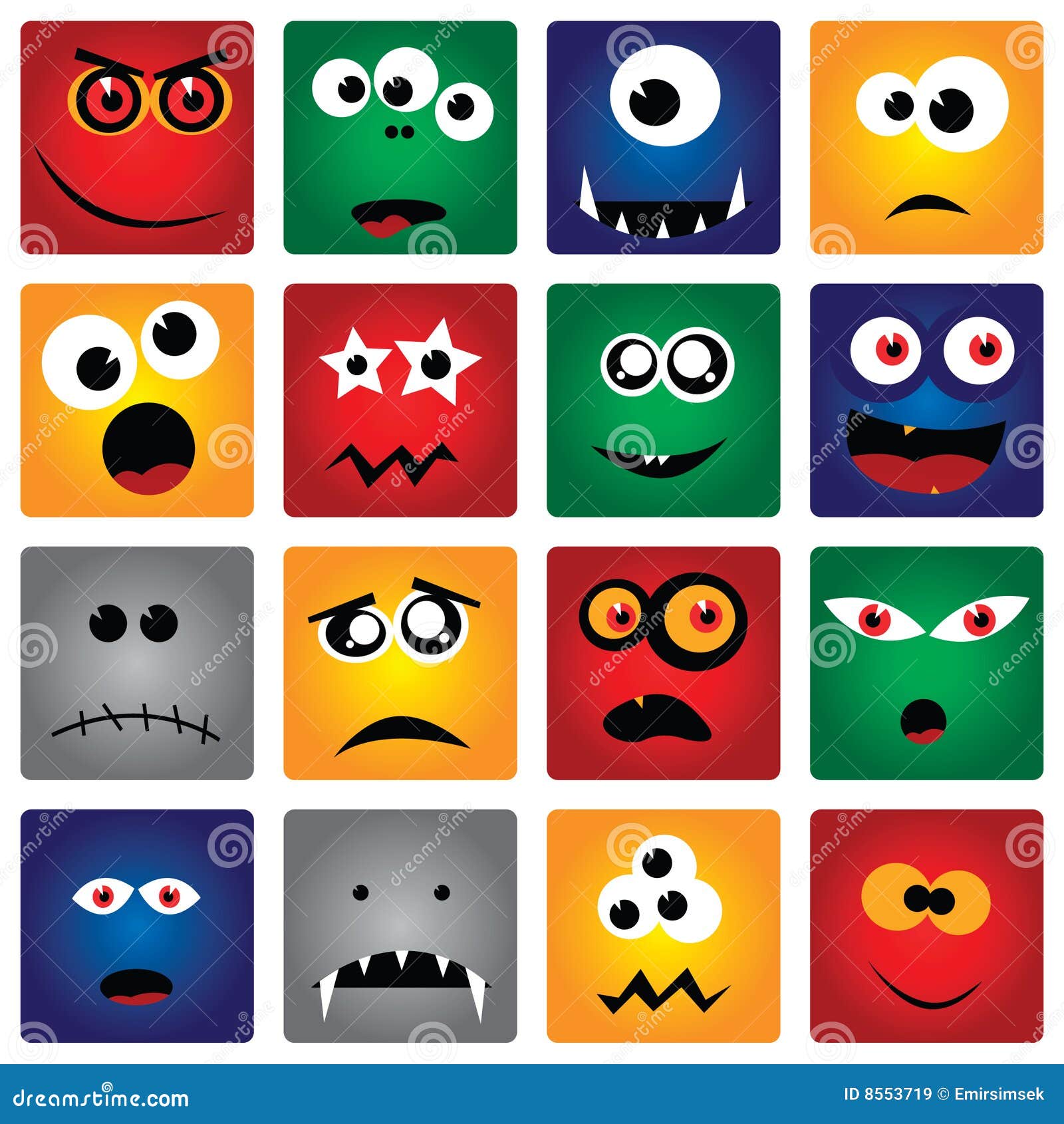 Monsters. Square Cartoon Faces With Emotions Vector Illustration ...