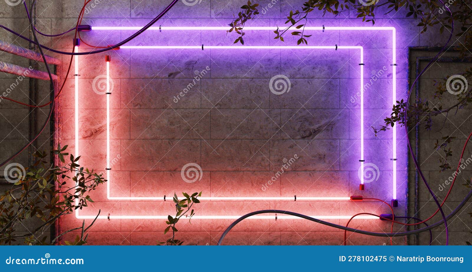 Square Neon Sign Brick Wall and Fire Sign Frame Neon Lights on Cement ...