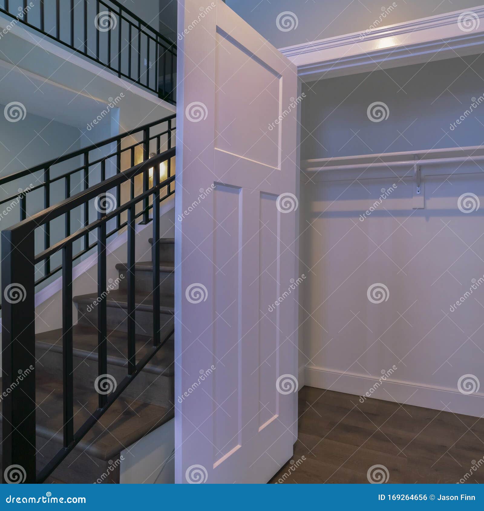 Square Open Empty Cupboard Door with Rails Bright Interior Stock Photo ...