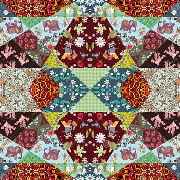 Square Patchwork Rug with Cute Animals, Flowers and Abstract Patterns ...