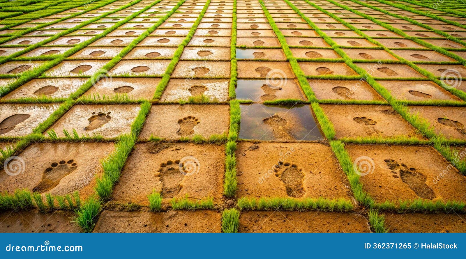 Square Pattern and Footprints on Muddy Ricefield Ground Stock ...