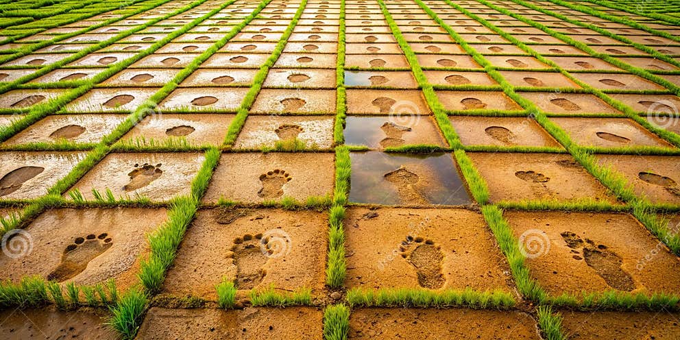 Square Pattern and Footprints on Muddy Ricefield Ground Stock ...