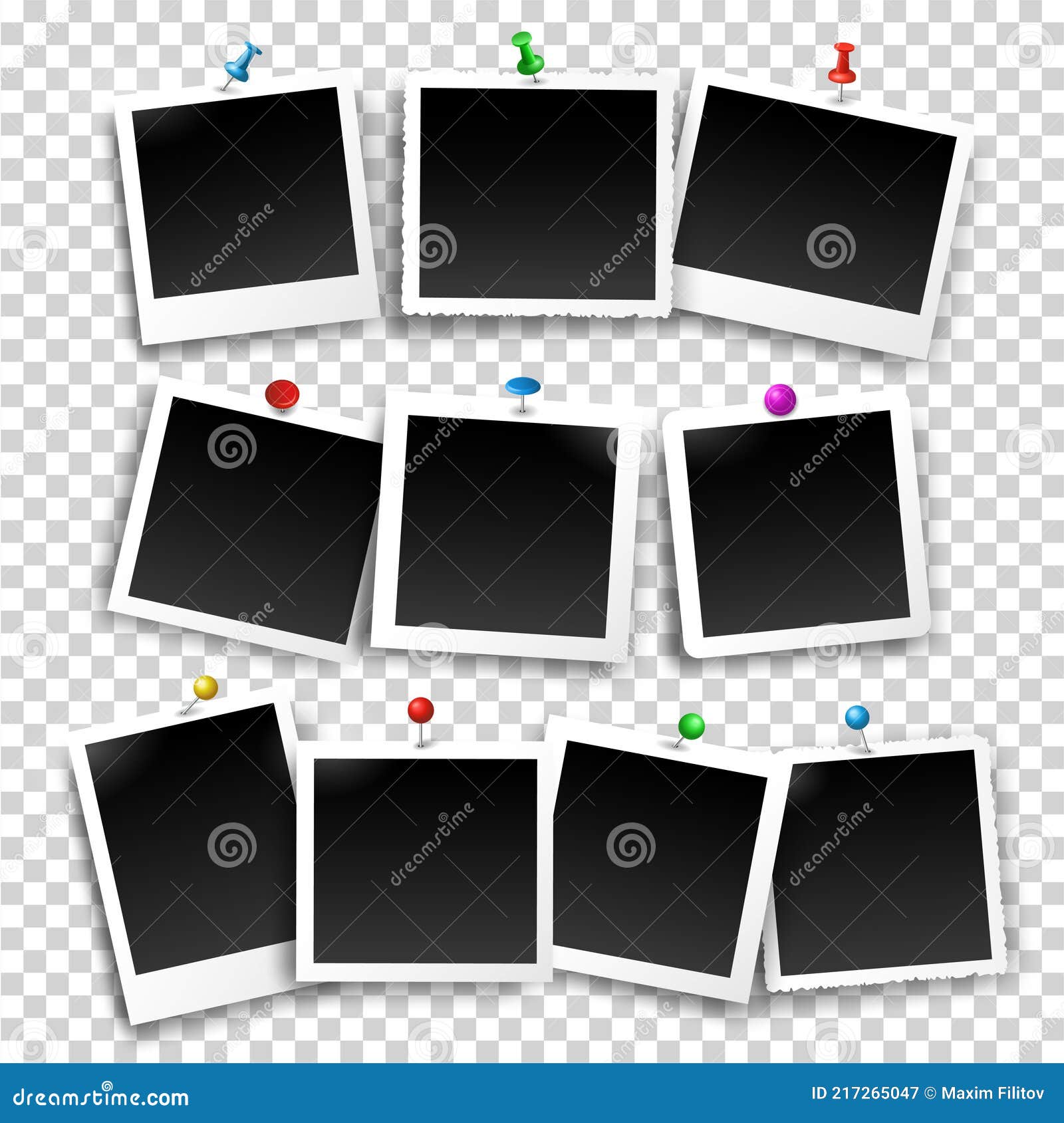 Square Photo Frames Set Fixed with Push Pins and Thumbtacks. Vector ...
