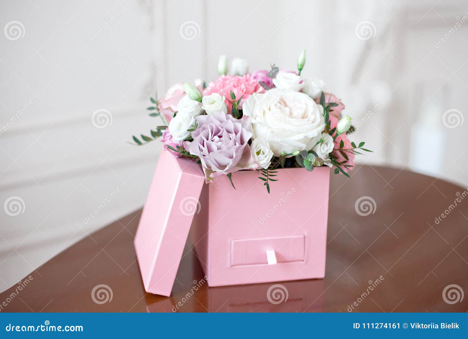 Square Pink Flower Box with Fresh Rose Stock Image - Image of birthday ...