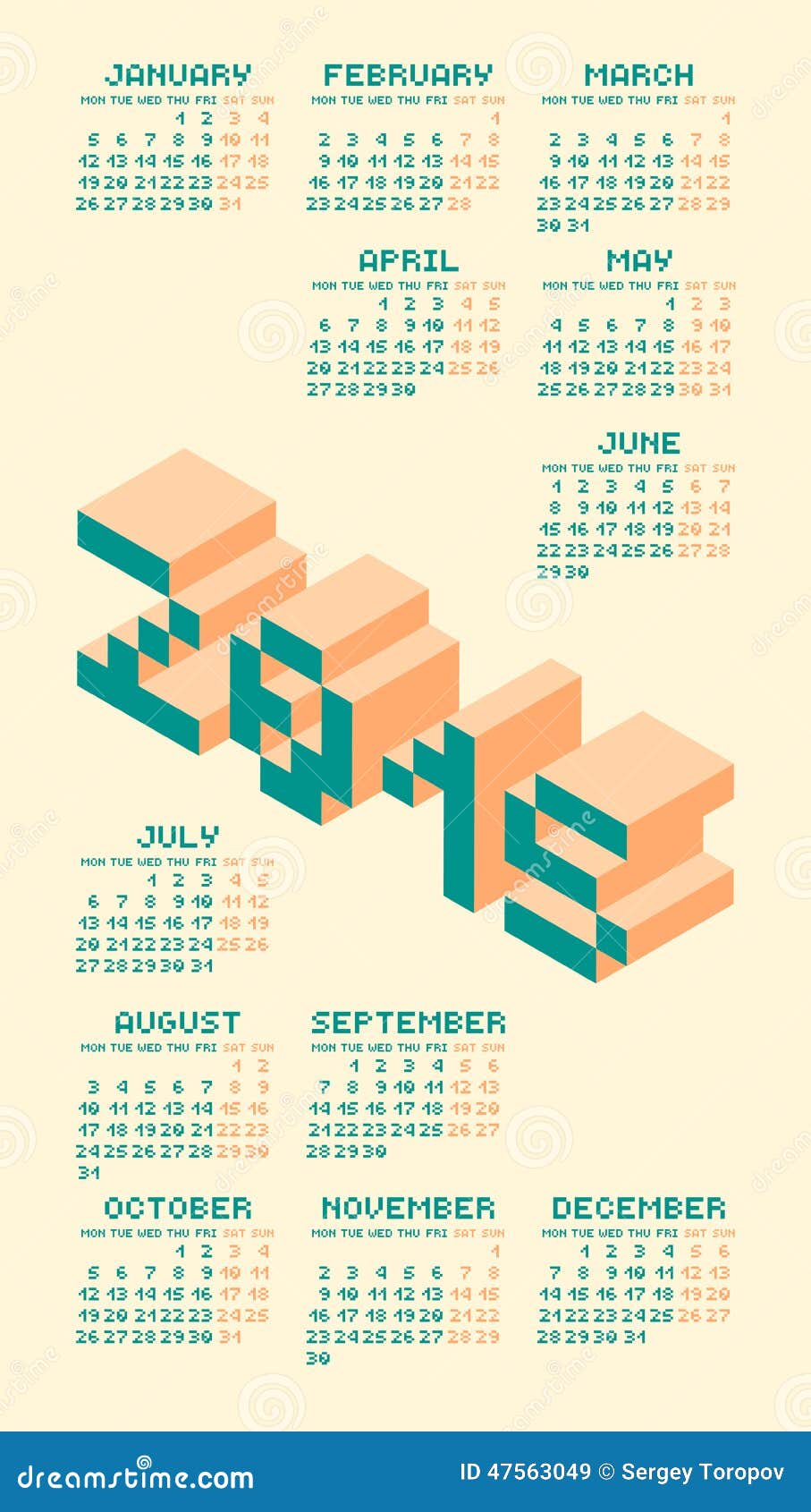 Square Pixel Style Year 2015 Calendar Stock Vector - Illustration of ...