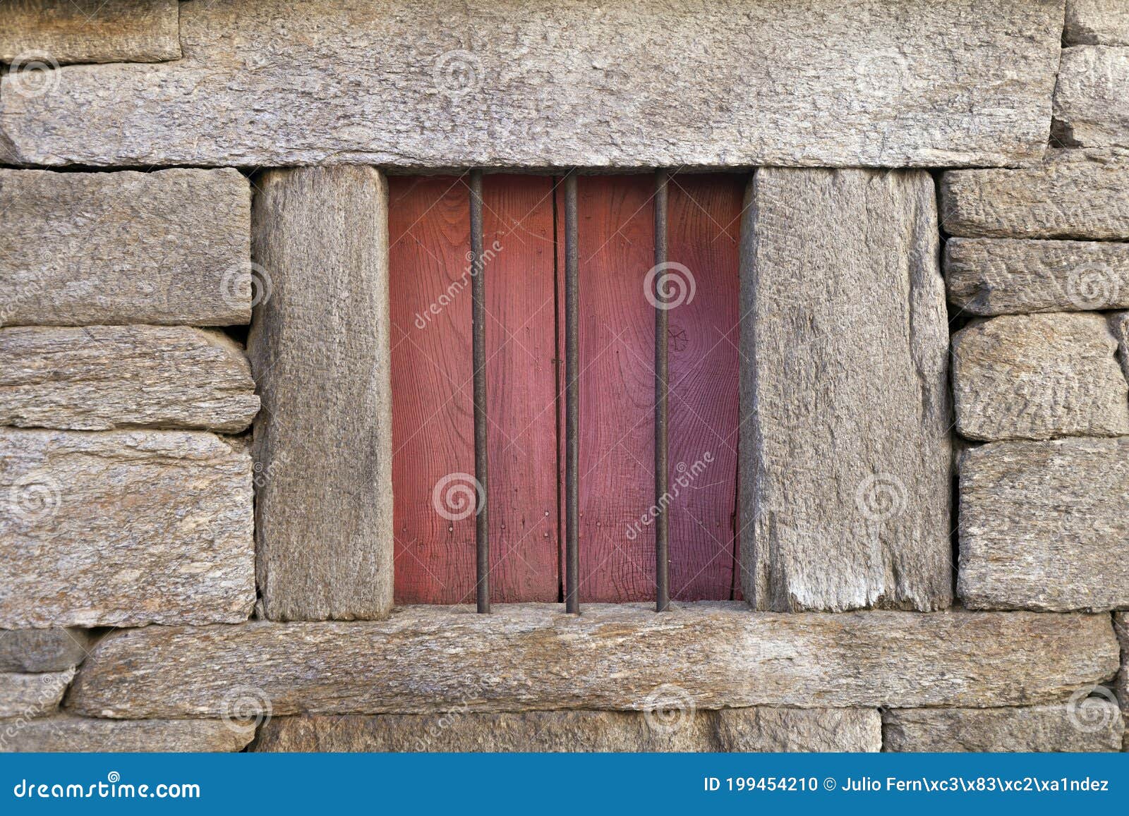 Red Square Window with Bars on Stone Wall Stock Photo - Image of rustic ...