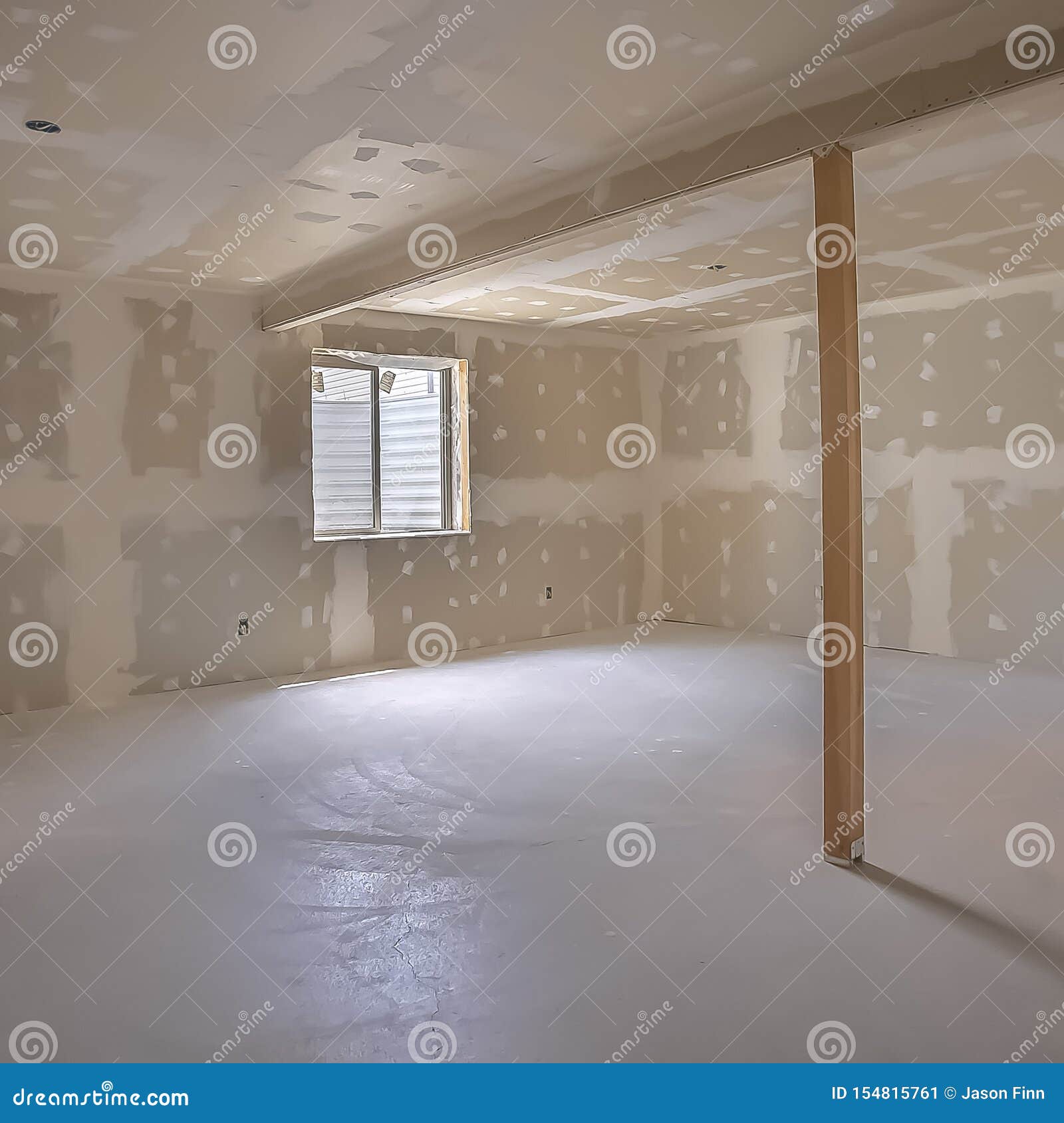 Square Unfinished House Interior With Air Conditioning Ducts And Glass ...