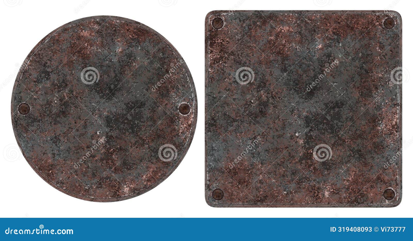 Square and Round Rust Plaque with Rivets. Isolated Old Metallic ...
