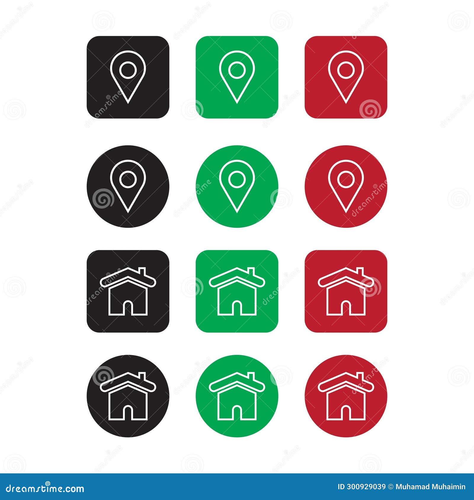 Square and Round Shape Location and House Icon Set Stock Vector ...