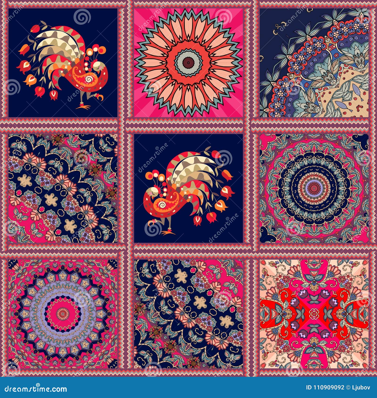 Square Rug with Peacock, Flower Mandala, Ornamental Pattern and Zigzag ...