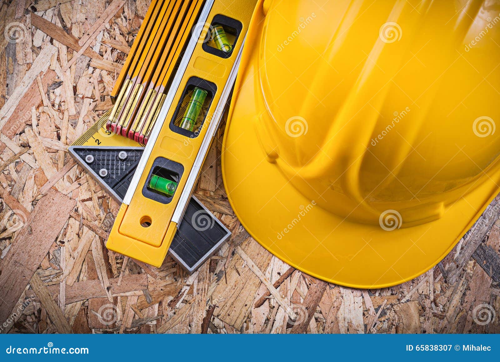 Square Ruler Construction Level Hard Hat Wooden Meter on OSB Stock ...