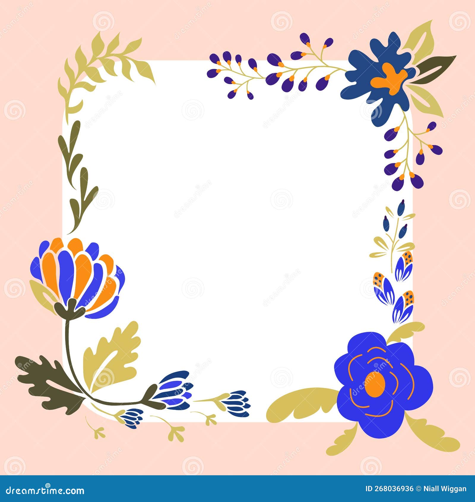 Square Shape Orange Color. Text Frame Surrounded with Assorted Flowers ...