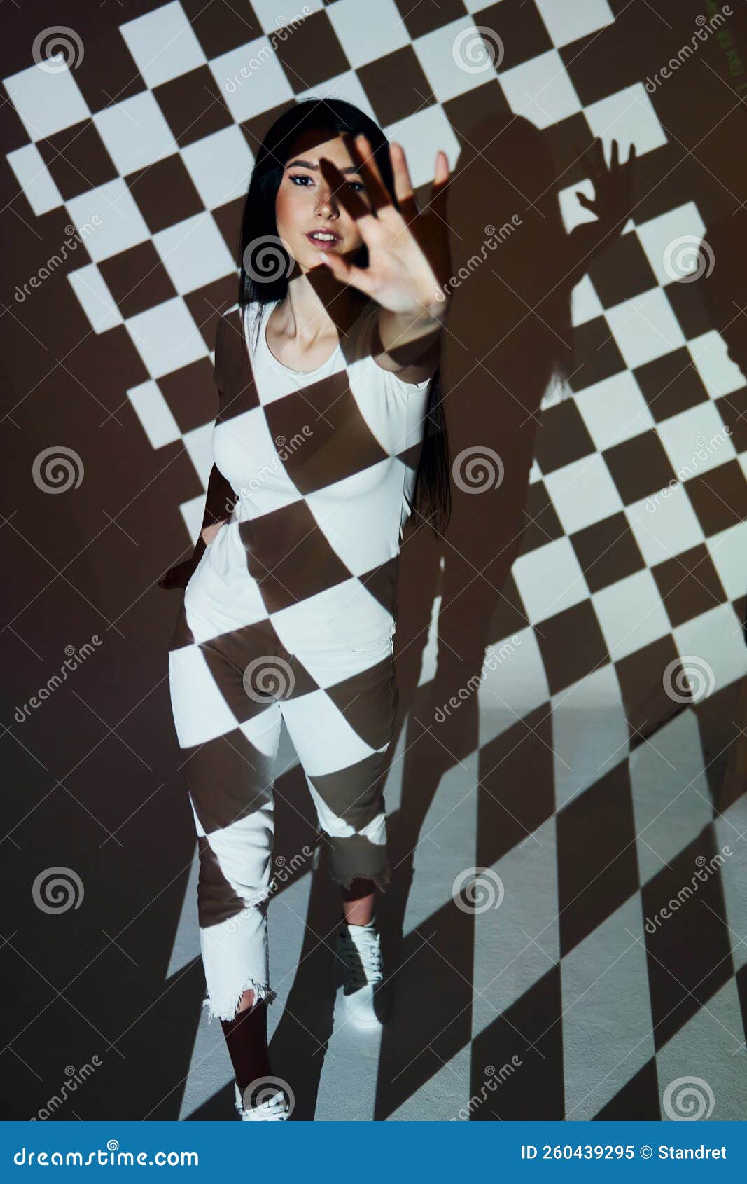 Square Shaped Lights. Beautiful Young Woman is in Projector in the ...