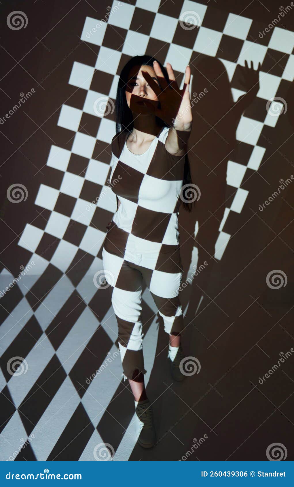 Square Shaped Lights. Beautiful Young Woman is in Projector in the ...