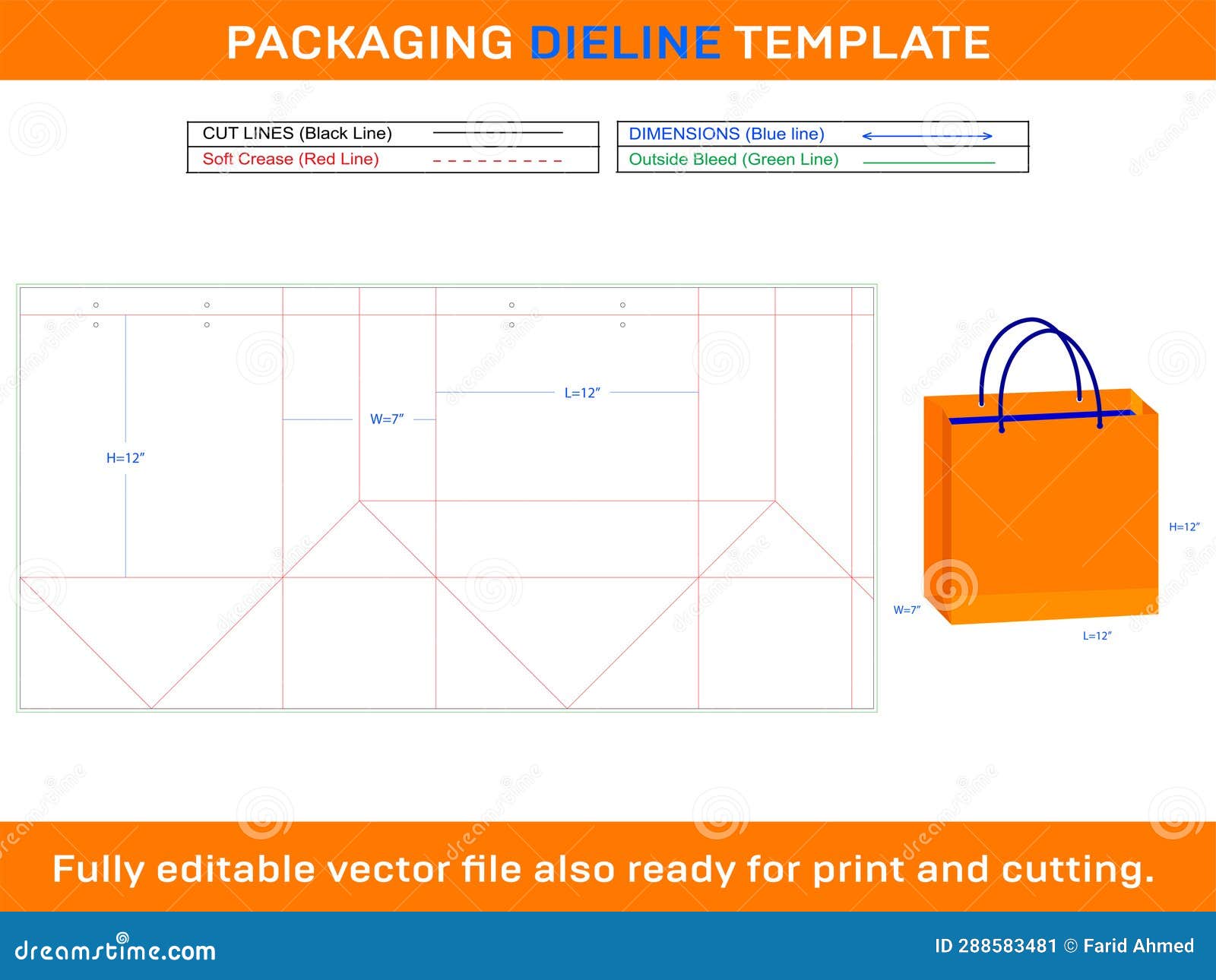 Square Shopping Bag 12x7x12 Inch Dieline Template Stock Vector ...