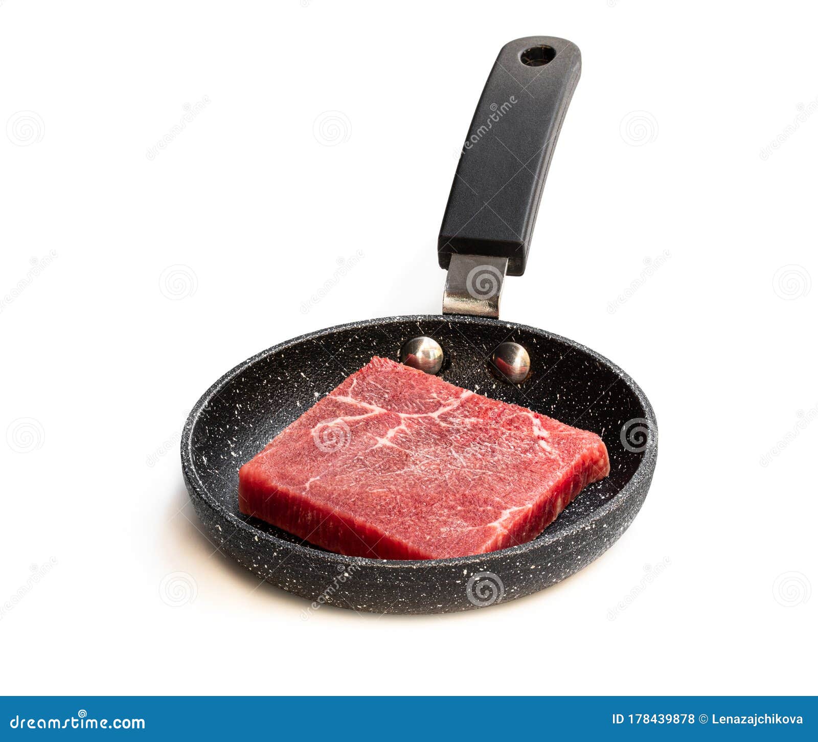 Square Slice of Raw Beef Meat on Small Frying Pan Isolated on White ...