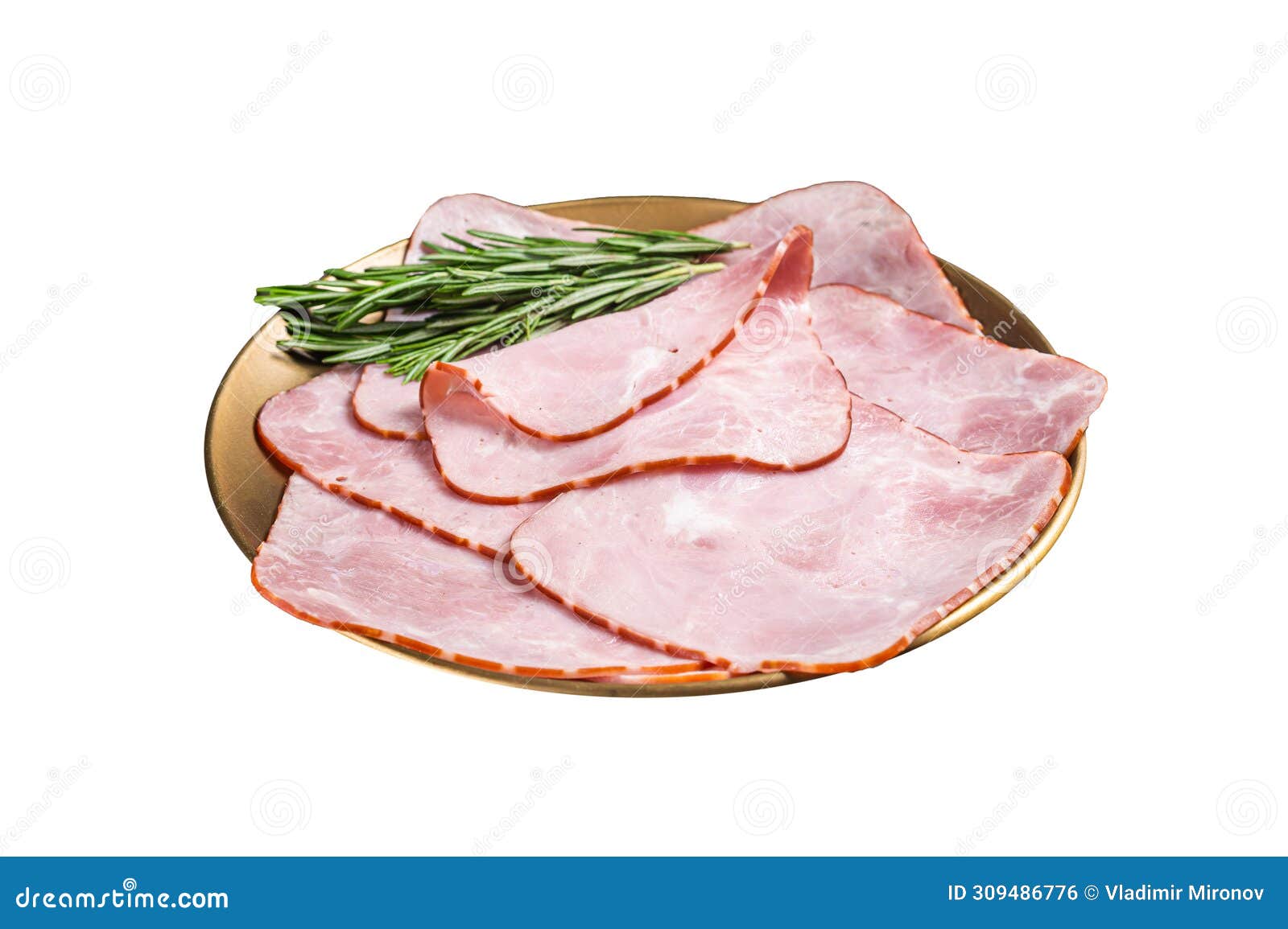 Square Sliced Pork Meat Ham on Plate. Isolated on White Background. Top ...
