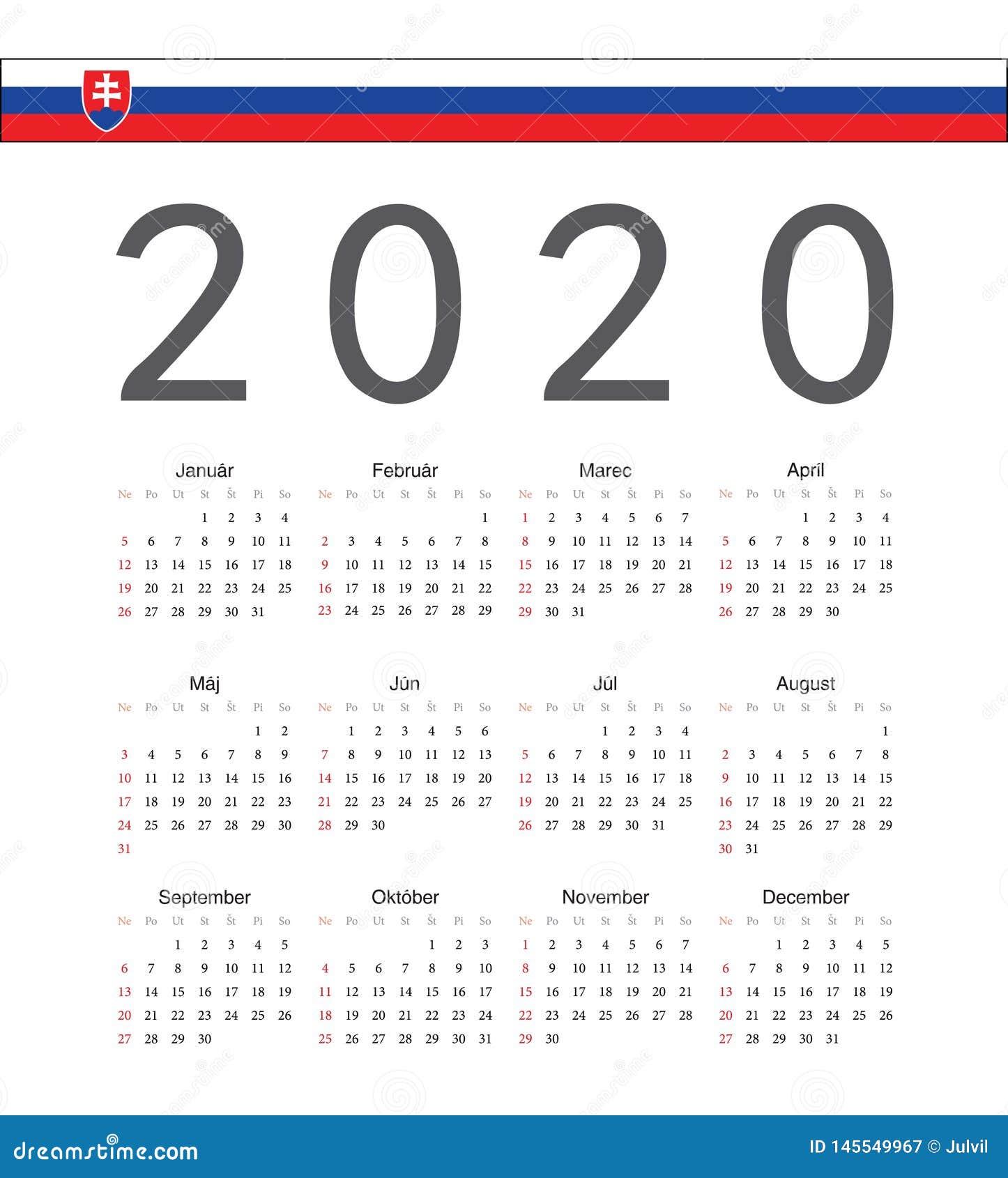 Square Slovak 2020 Year Vector Calendar Stock Vector - Illustration of ...
