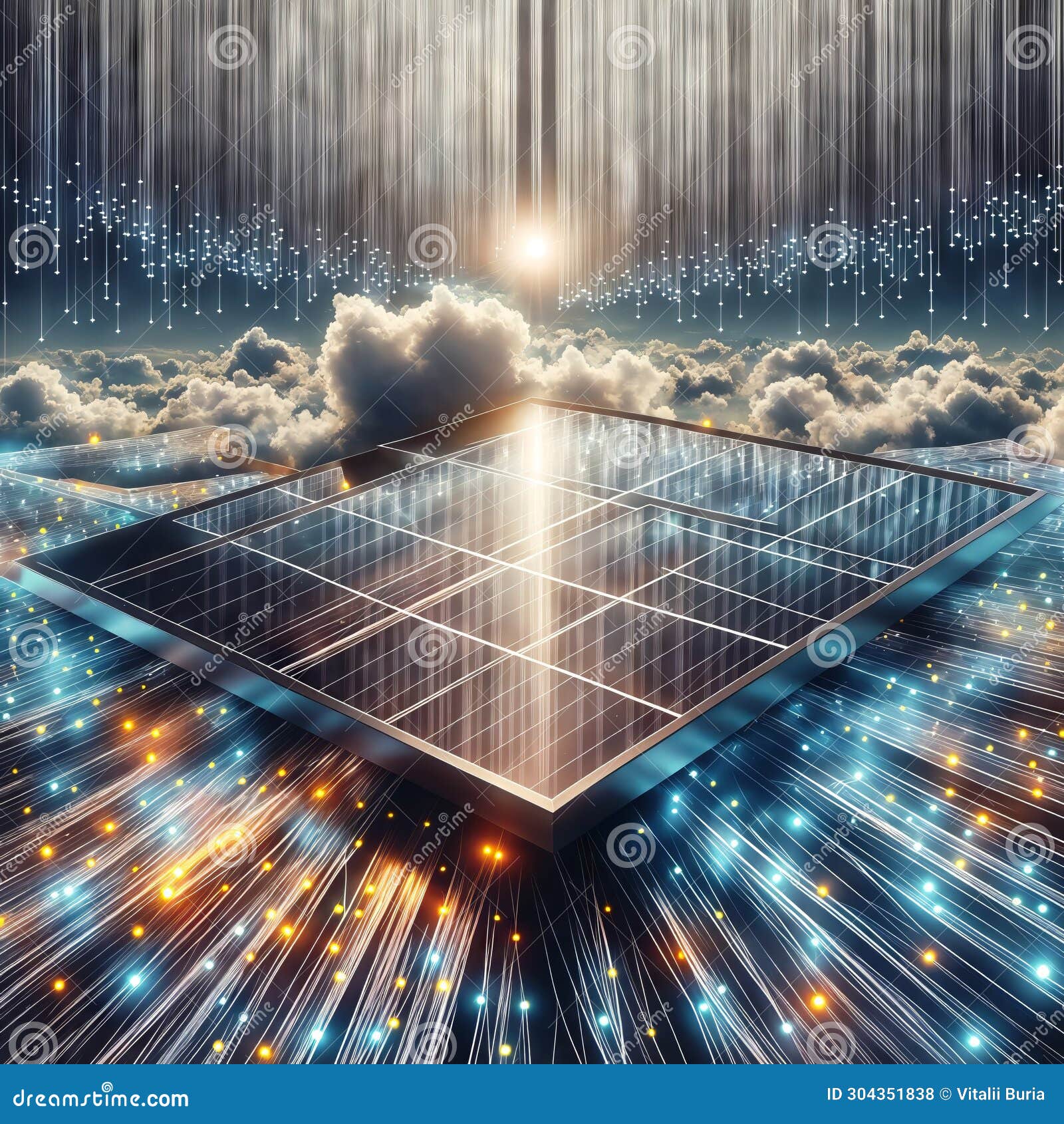 Data Stream Sky: Square Solar Panel with a Cloudy Sky and Data Streams ...