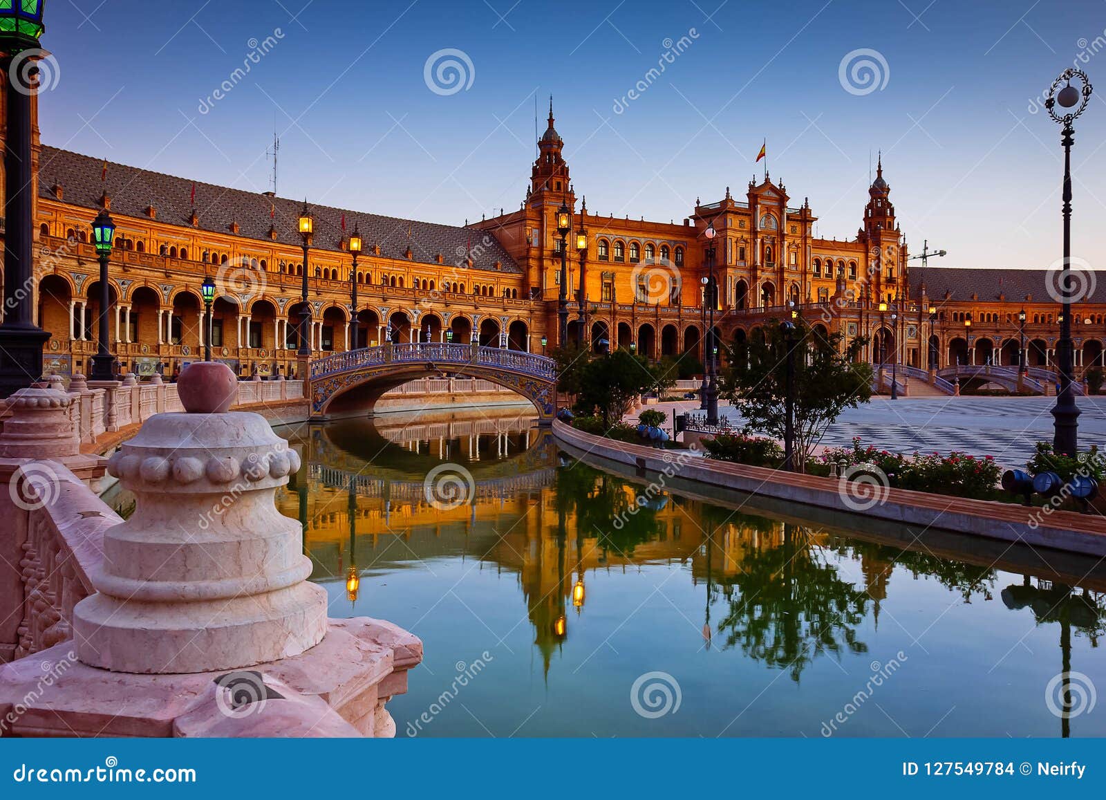 Square of Spain at Night, Sevilla, Spain Stock Photo - Image of ancient ...