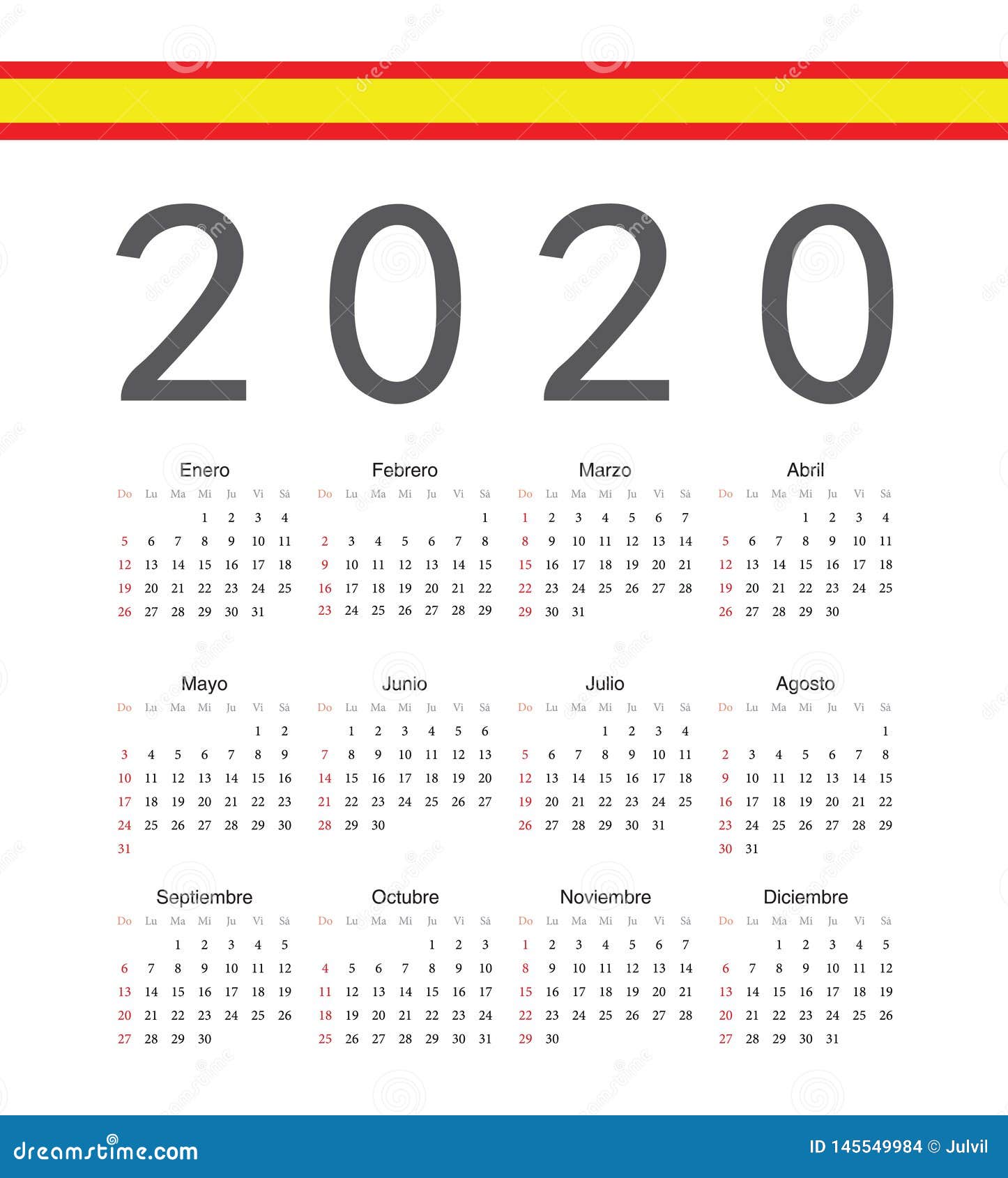 Square Spainish 2020 Year Vector Calendar Stock Vector - Illustration ...