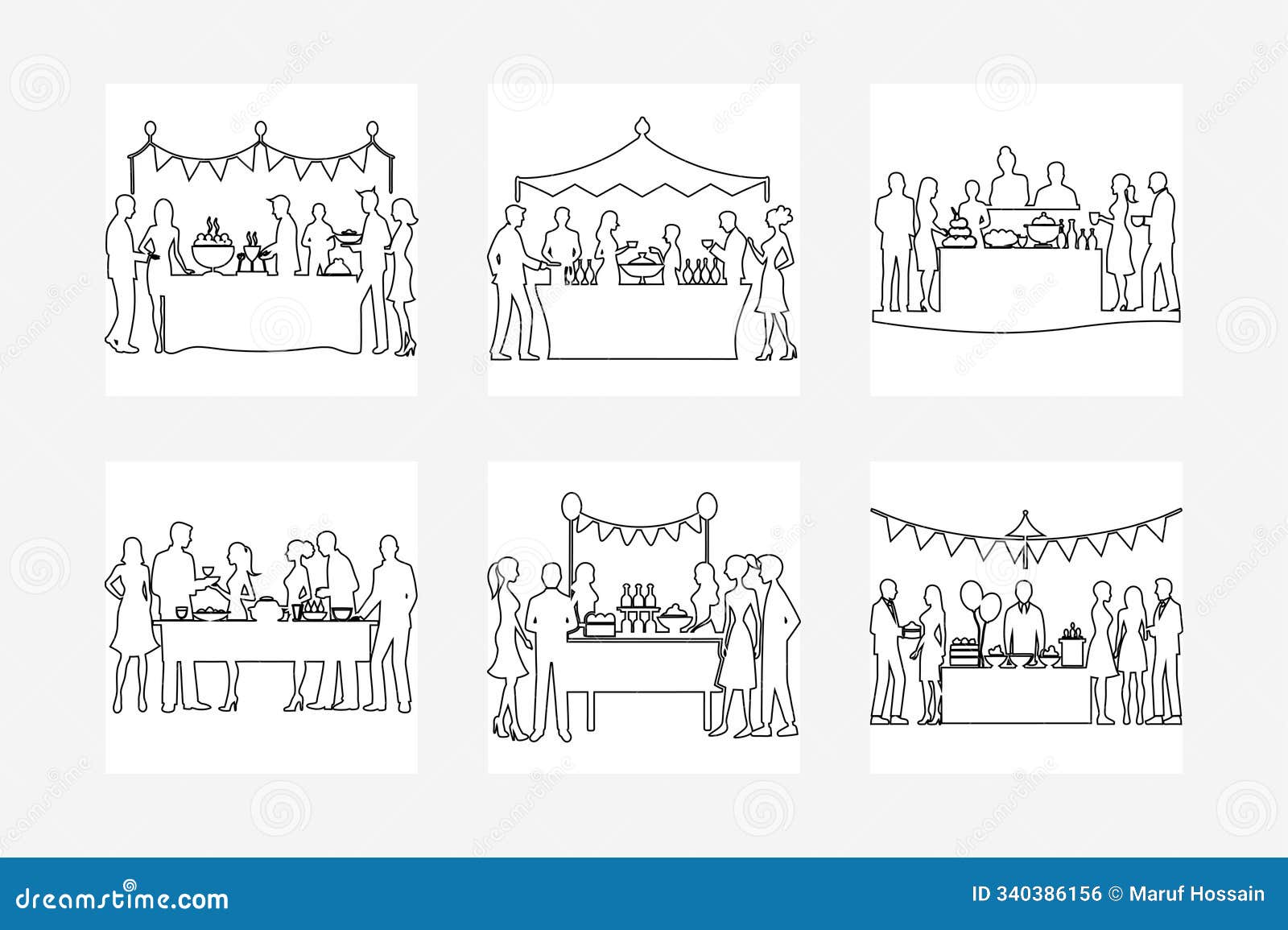 Buffet and Party Scenes Outline Art Illustration on White Background ...