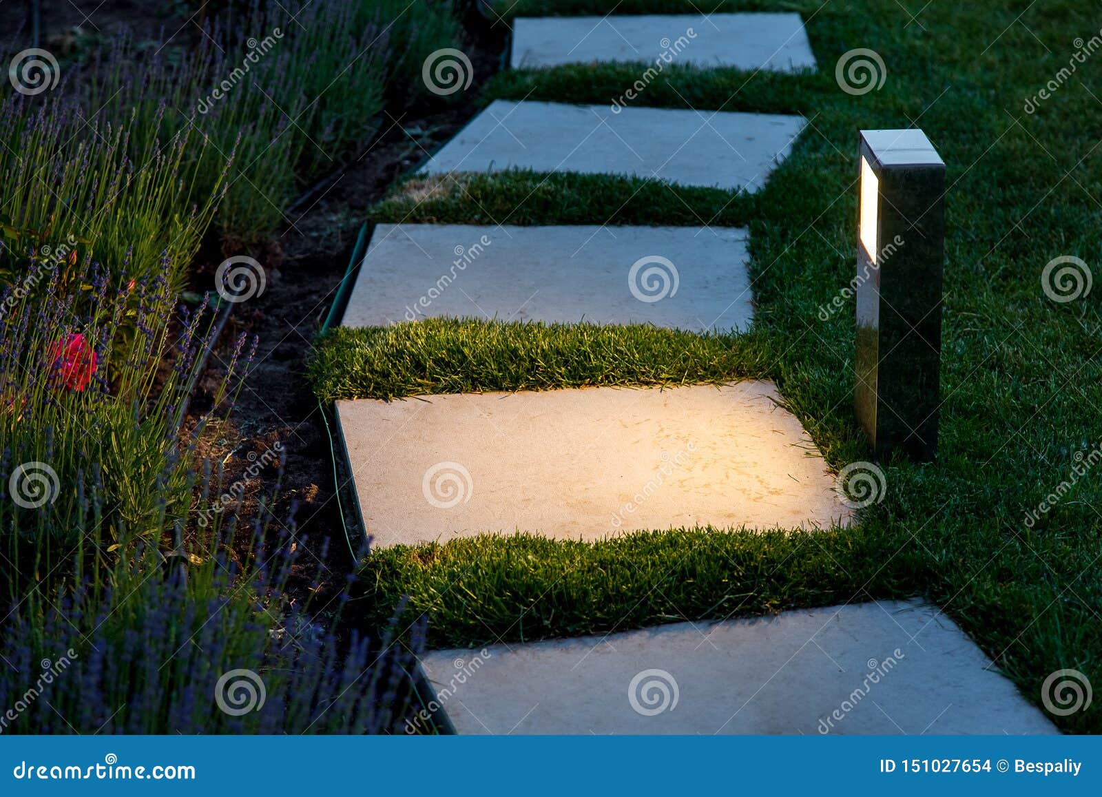 Square Tile Marble Path Illuminated by a Lantern. Stock Photo - Image ...