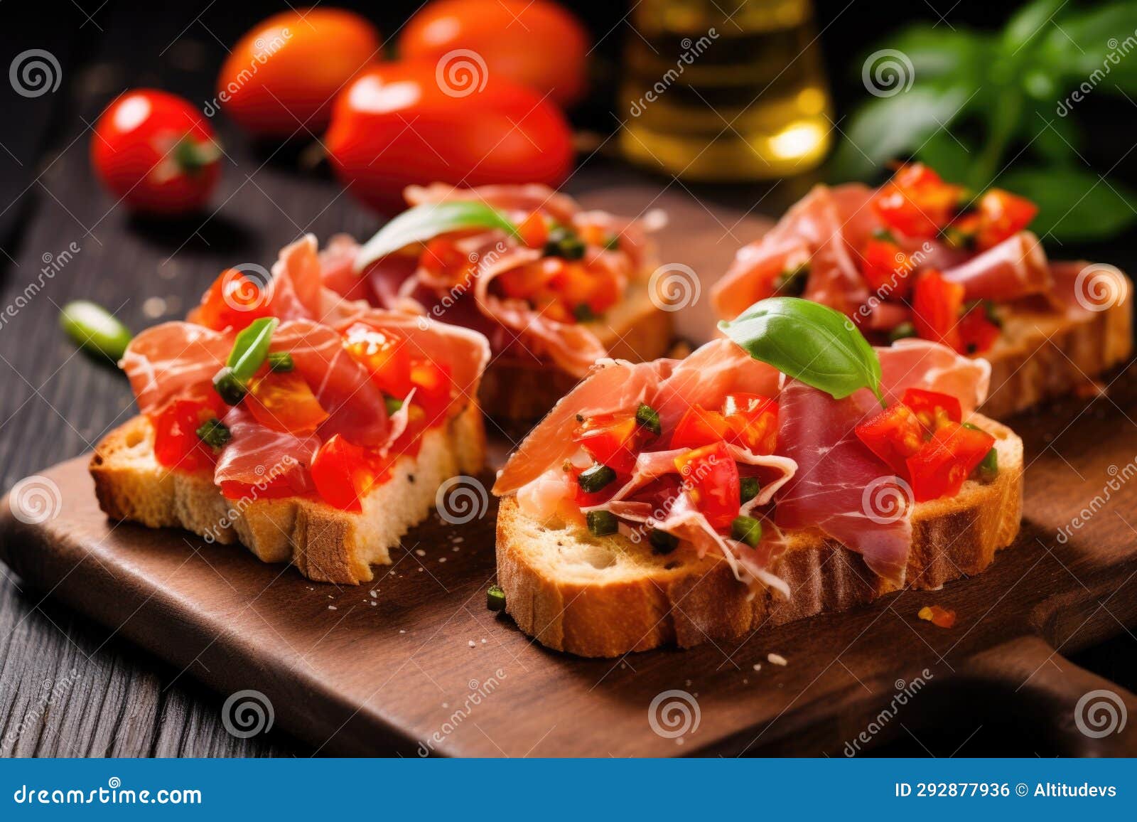 Square Toast Bruschetta with Serrano Ham and Red Pepper Flakes Stock ...