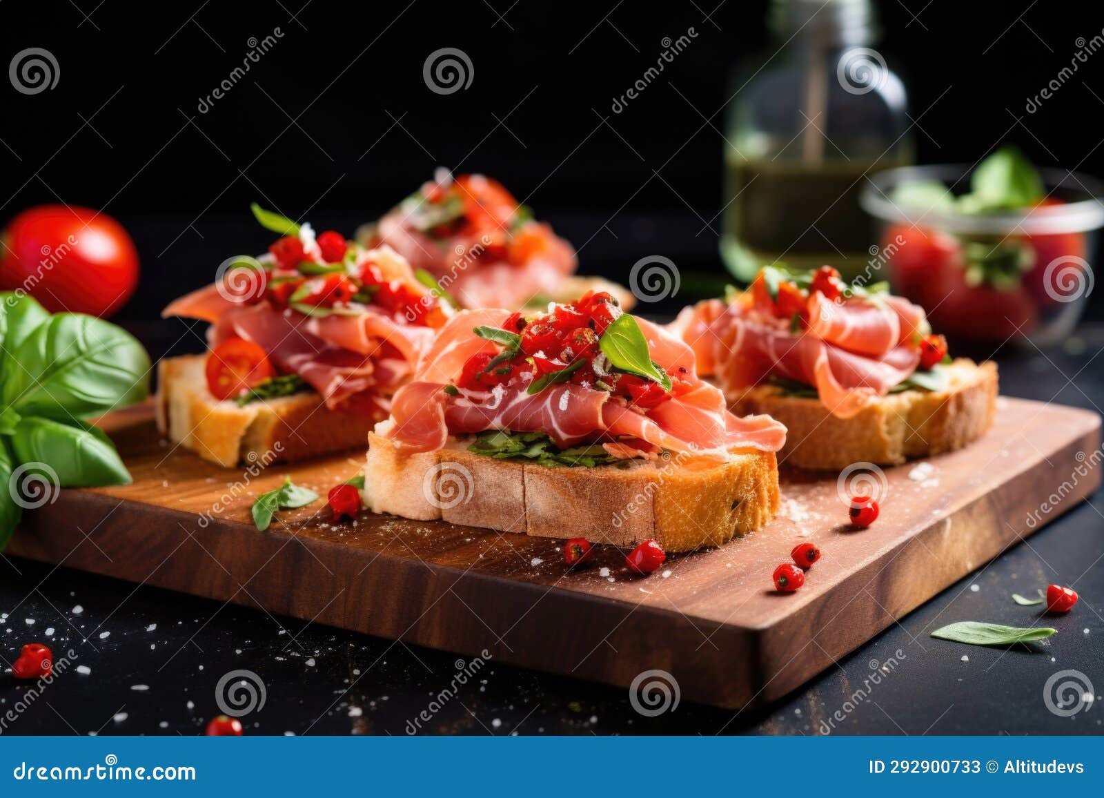 Square Toast Bruschetta with Serrano Ham and Red Pepper Flakes Stock ...