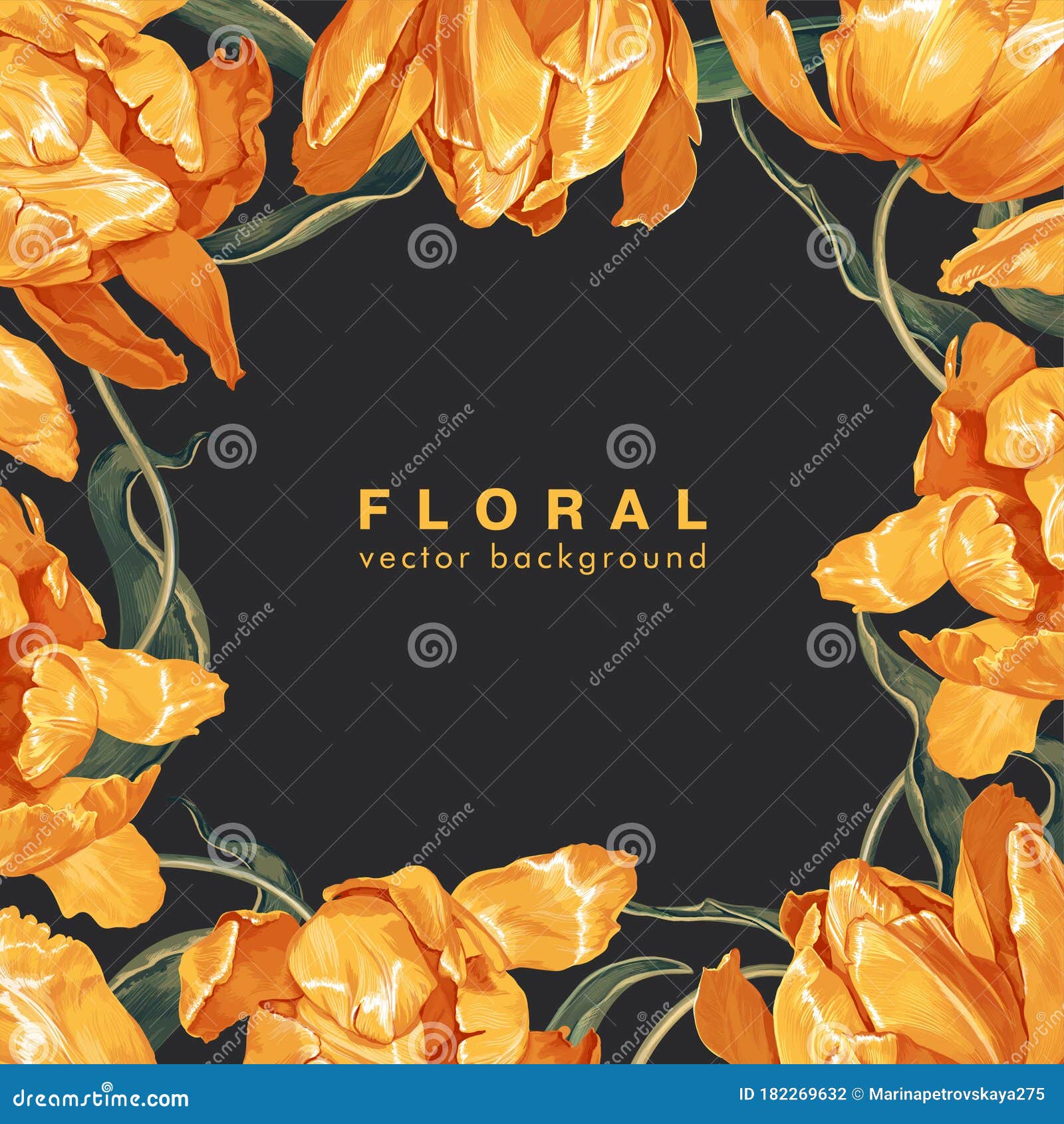 Square Floral Frame Template with Yellow Tulip Flowers, Leaves and ...