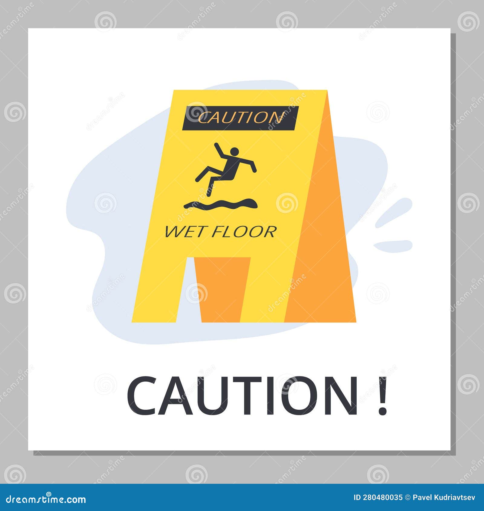 Squared Banner with Yellow Triangular Caution Sign about Wet Floor Flat ...
