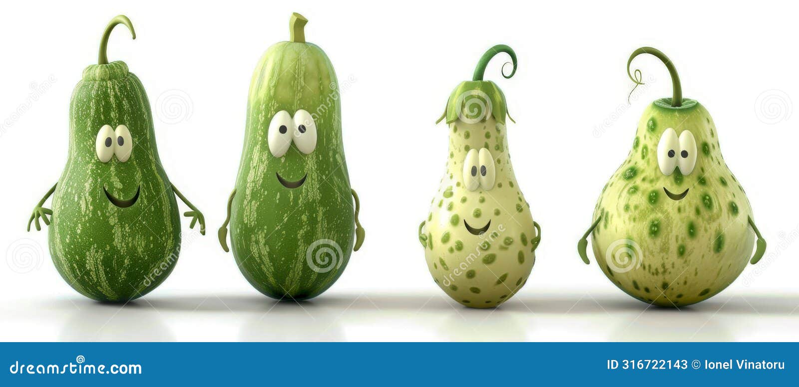 Four Cartoon Squash with Different Patterns and White Clean Background ...