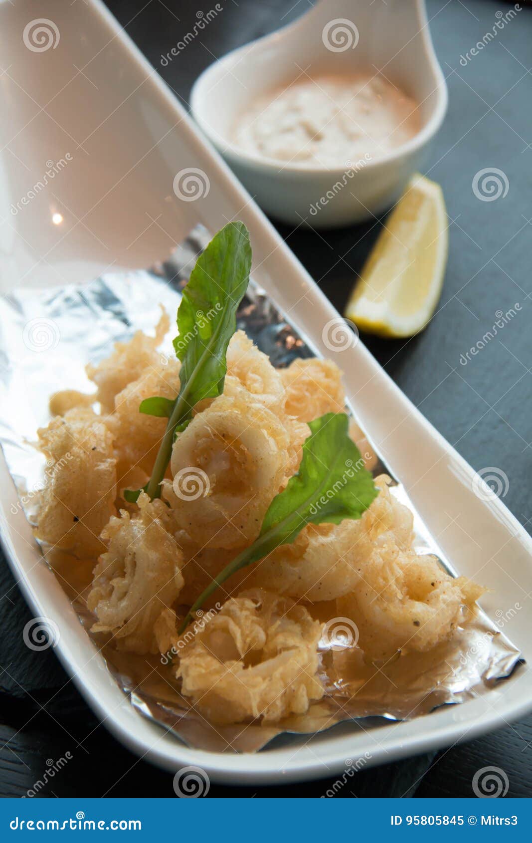 Squid and Chips on White Plate Stock Image - Image of dish, basket ...