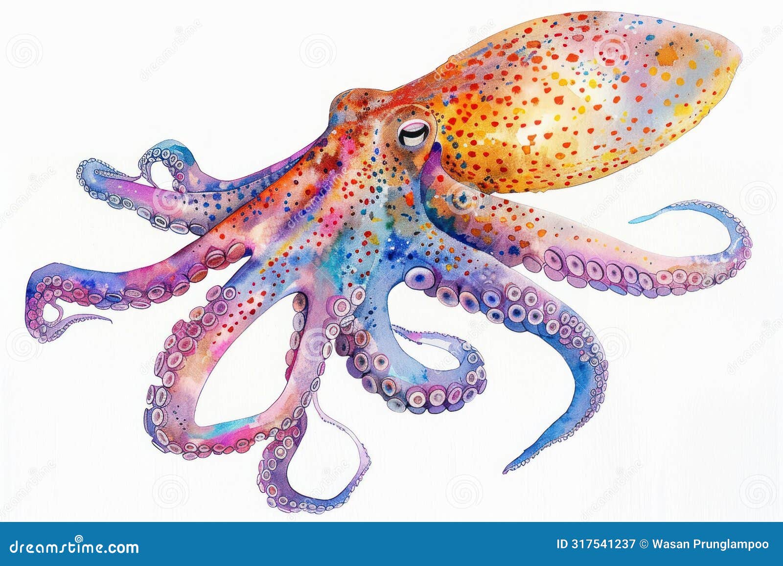 Squid, Pastel-colored, in Hand-drawn Style, Watercolor, Isolated on ...