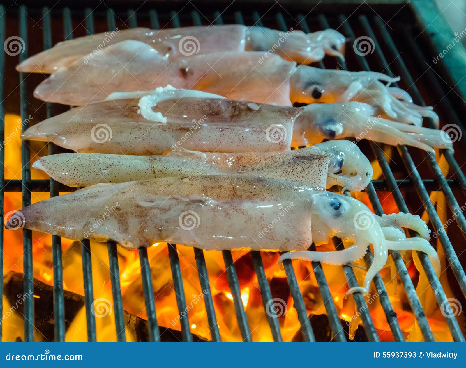 Squid Seafood in BBQ Flames Stock Image - Image of fume, healthy: 55937393