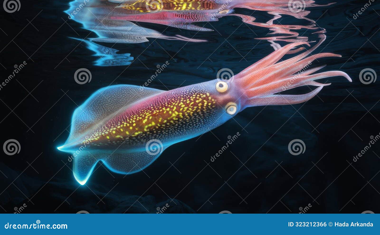 A Squid Swimming Underwater at Night Stock Illustration - Illustration ...