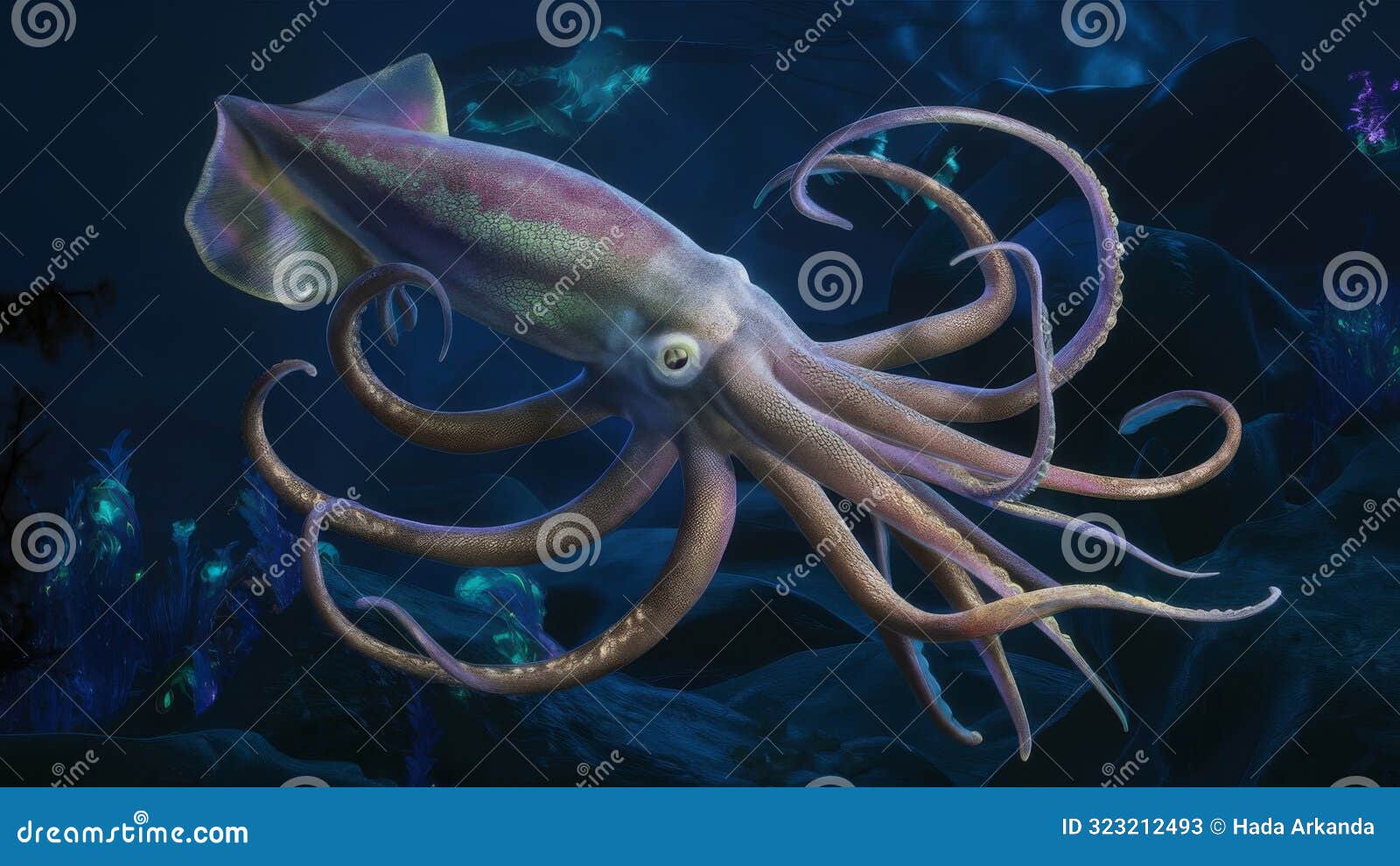 A Squid Swimming Underwater at Night Stock Illustration - Illustration ...