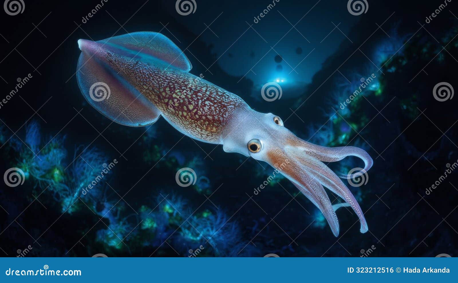 A Squid Swimming Underwater at Night Stock Illustration - Illustration ...