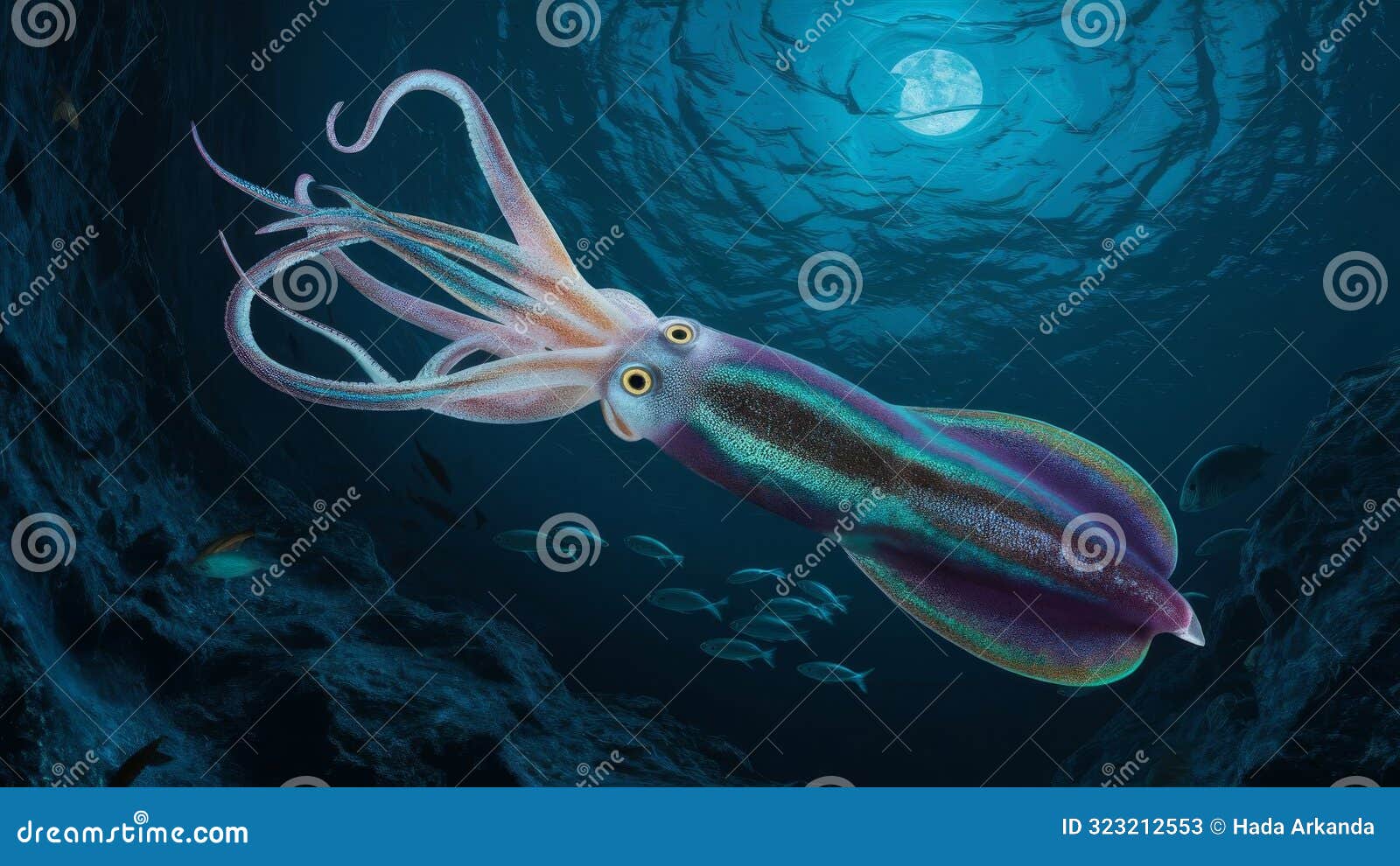 A Squid Swimming Underwater at Night Stock Illustration - Illustration ...