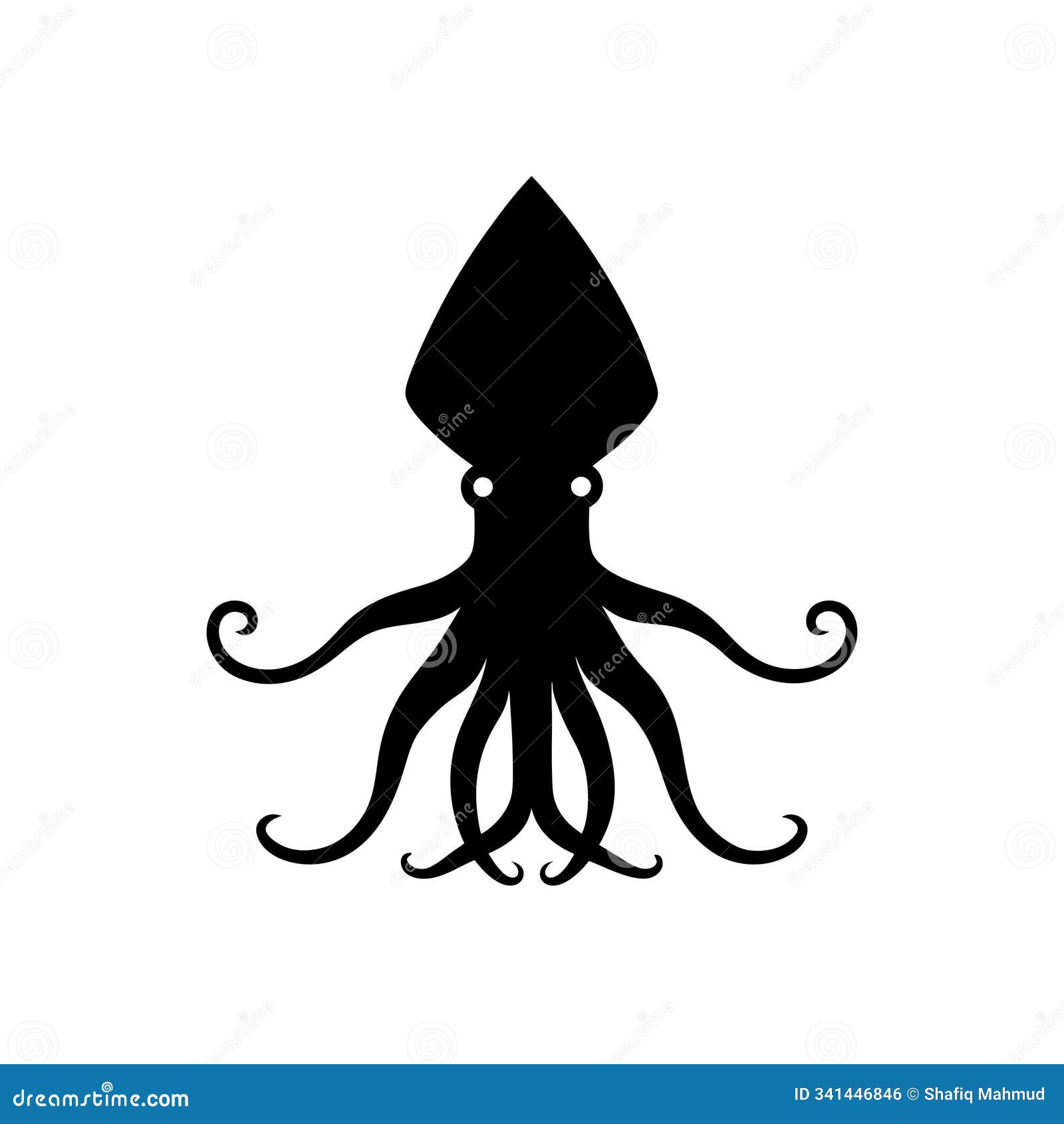 Squid with Tentacles Extended Full Black Silhouette on White Background ...