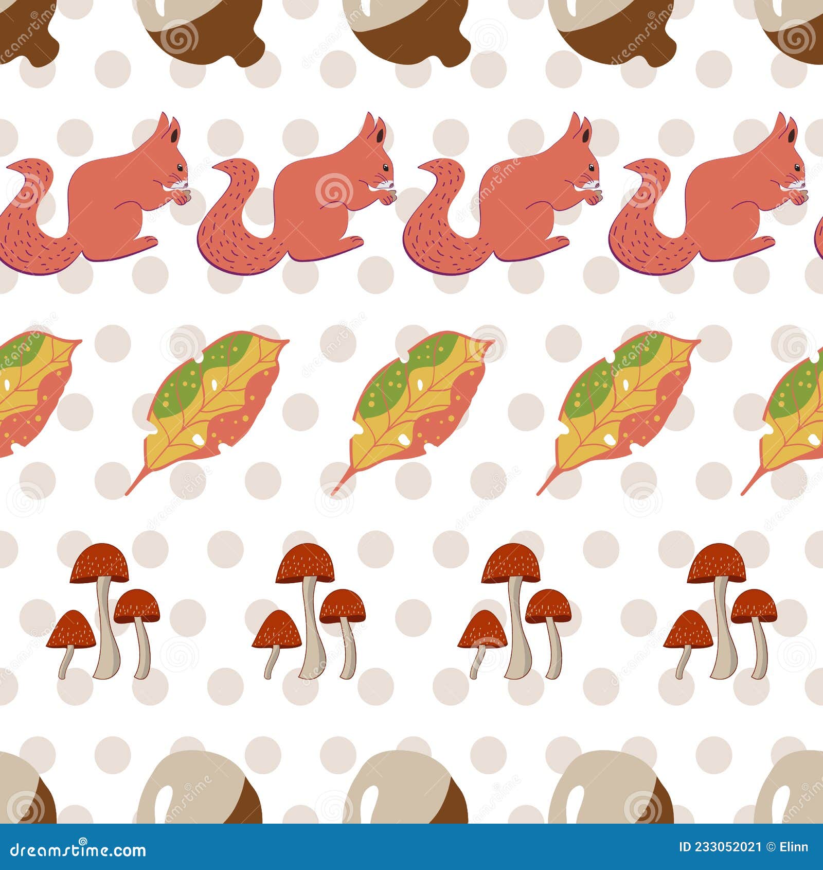 Squirrel, Acorn, Mushroom, Leaf Seamless Pattern for Autumn, Vector ...