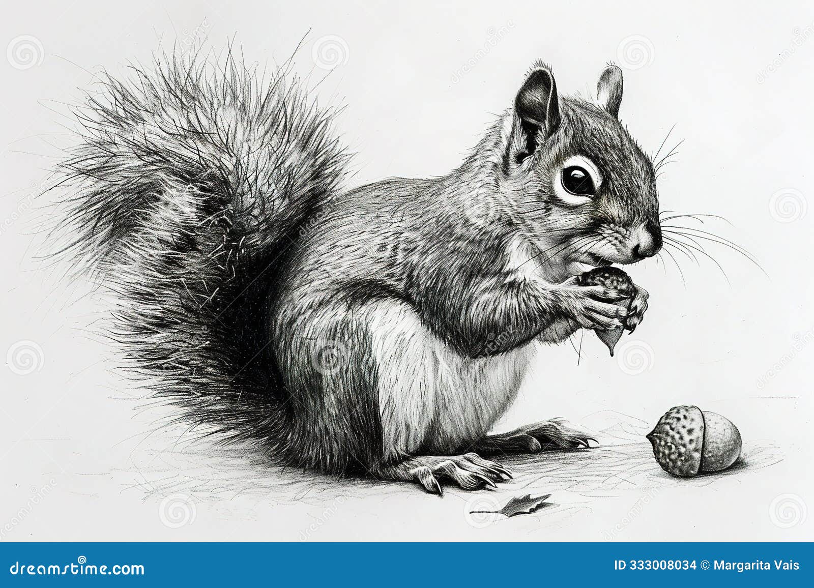 Squirrel with Acorn Realistic Pencil Illustration on White Background ...
