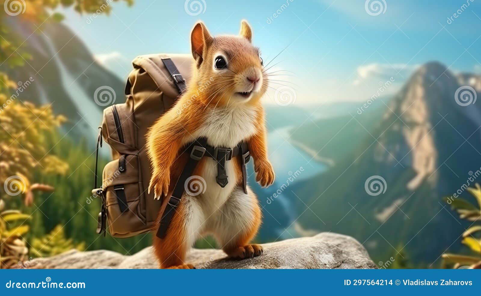 Squirrel with a Backpack, Conquering the Top of a Tall Tree Stock ...