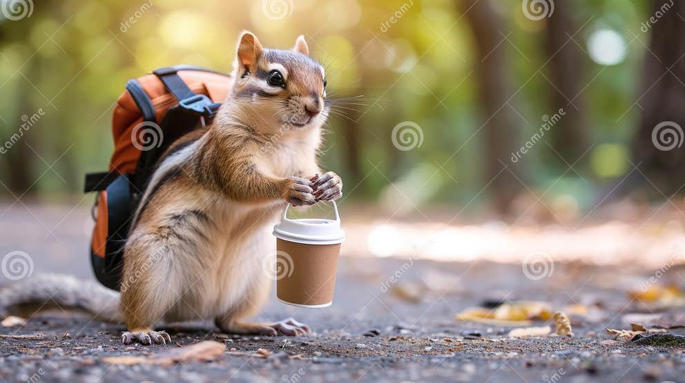 A Squirrel with a Backpack Holding Coffee Cup and Drinking from it, AI ...
