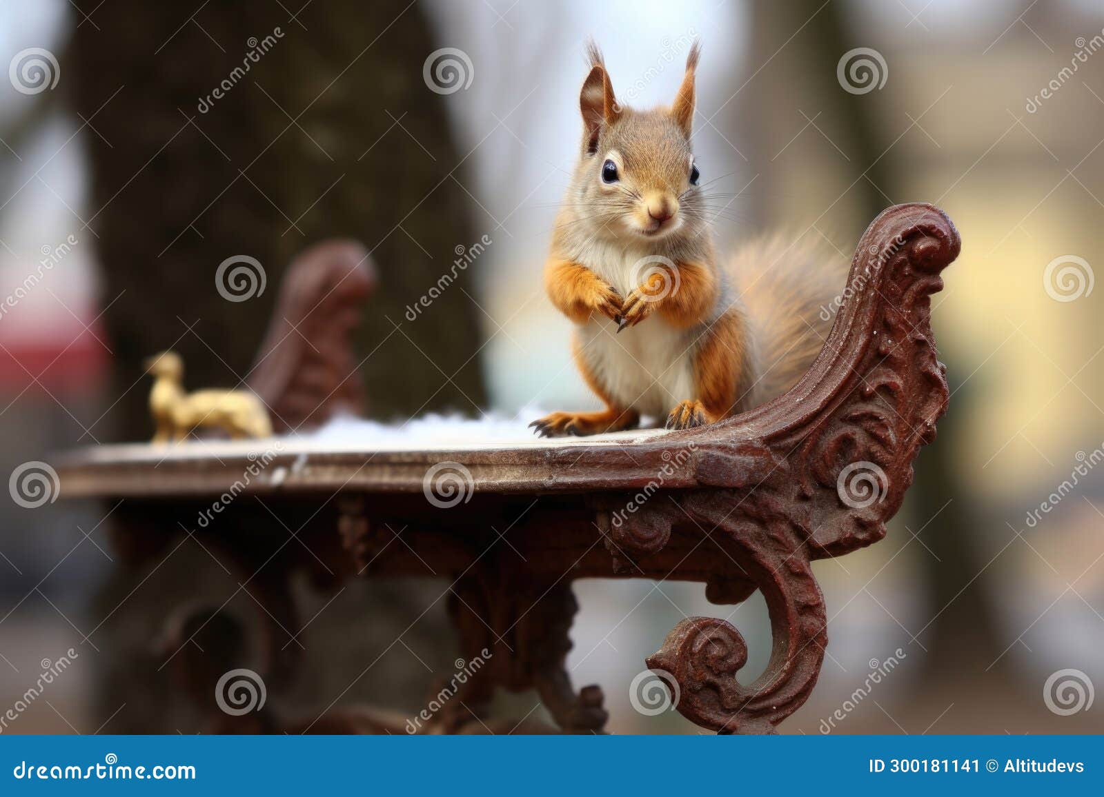 Squirrel Balancing on the Armrest of a Park Bench Stock Image - Image ...