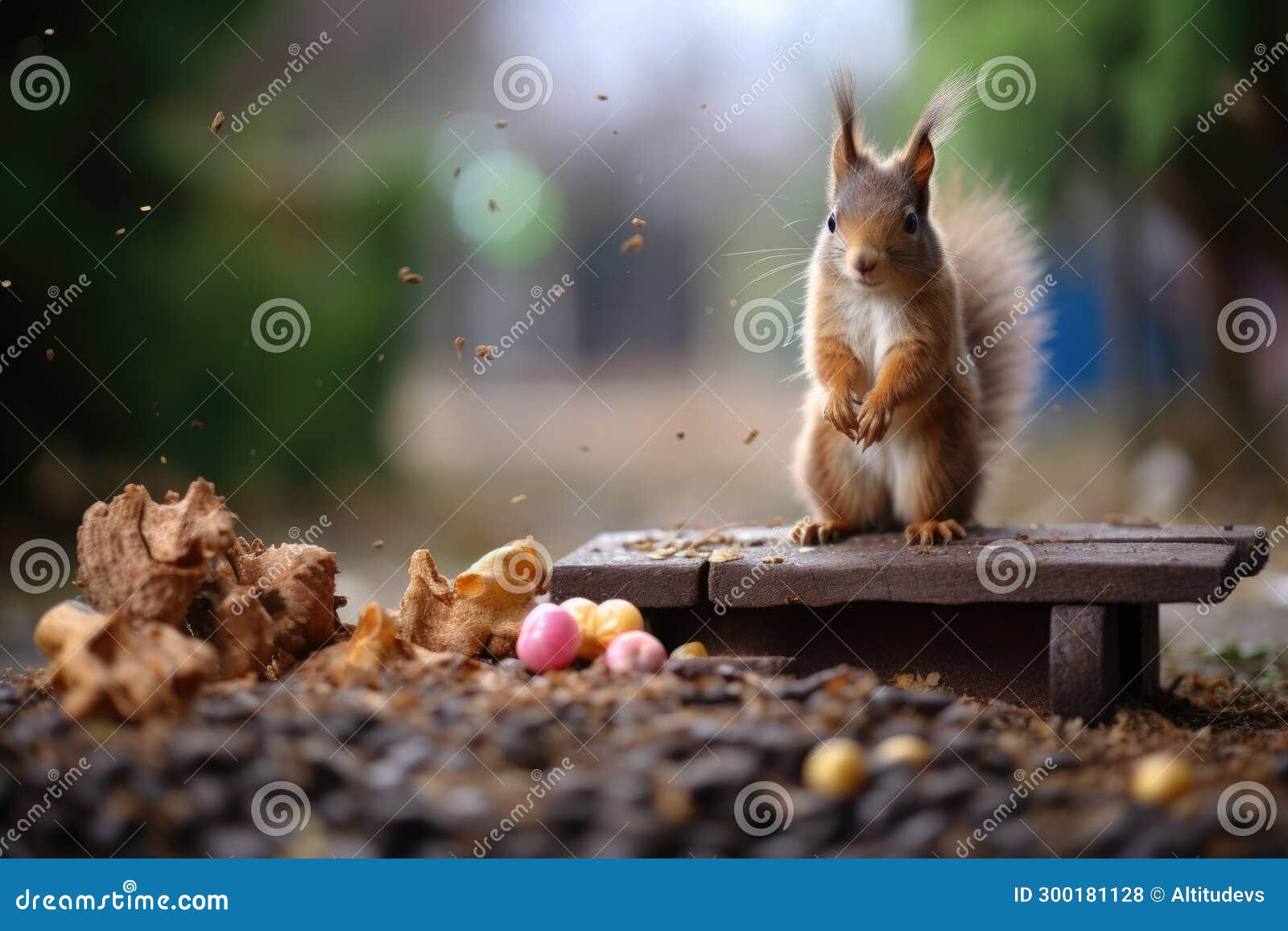 Squirrel on a Bench, Sandwich Crumbs Scattered Around Stock Photo ...