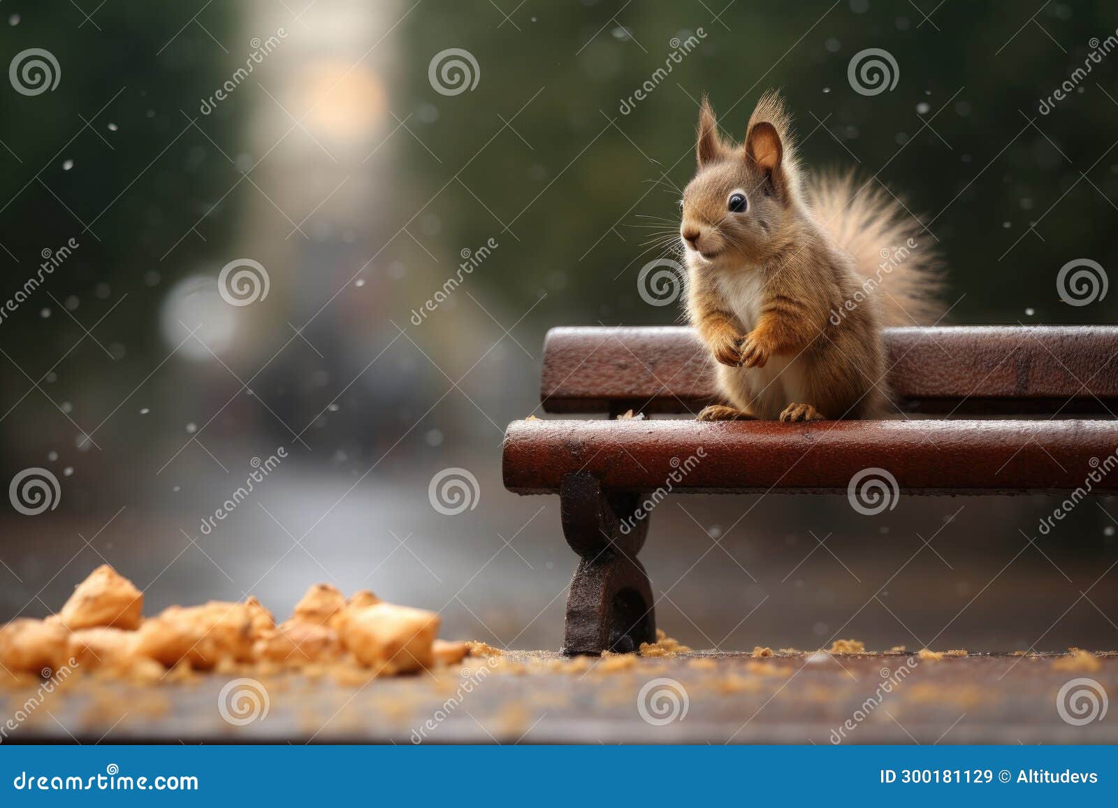 Squirrel on a Bench, Sandwich Crumbs Scattered Around Stock Image ...